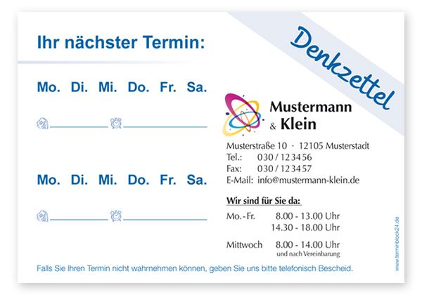 Terminzettel mit Text und Logo